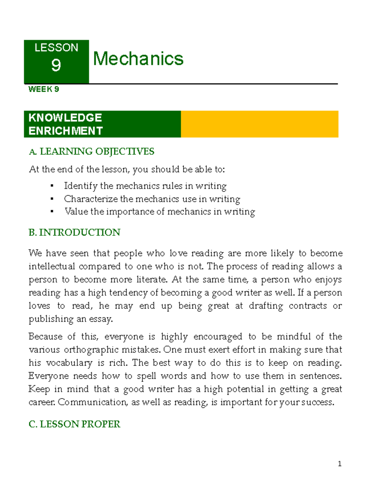 Reading AND Writing Modules 9 12 - LESSON 9 Mechanics WEEK 9 KNOWLEDGE ...