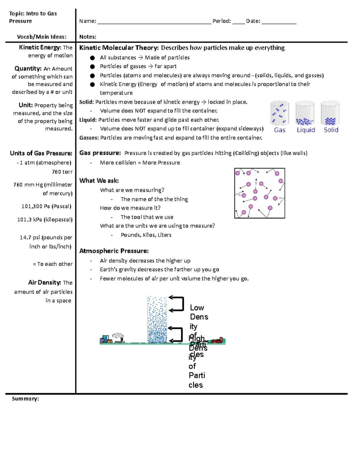 Intro to Gas Pressure - Topic: Intro to Gas Pressure Vocab/Main Ideas ...