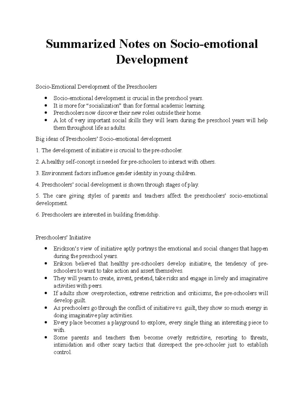 Summarized Notes on Socio-emotional Development - Summarized Notes on ...