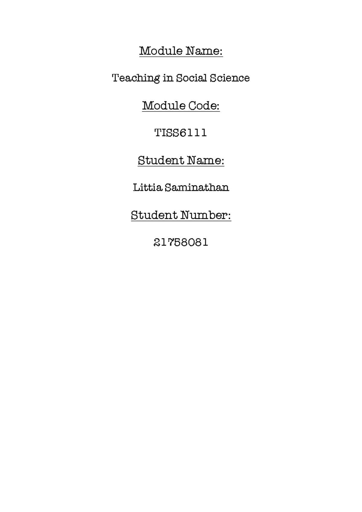 TISS Poe, Semester 1, year 1 - Module Name: Teaching in Social Science ...