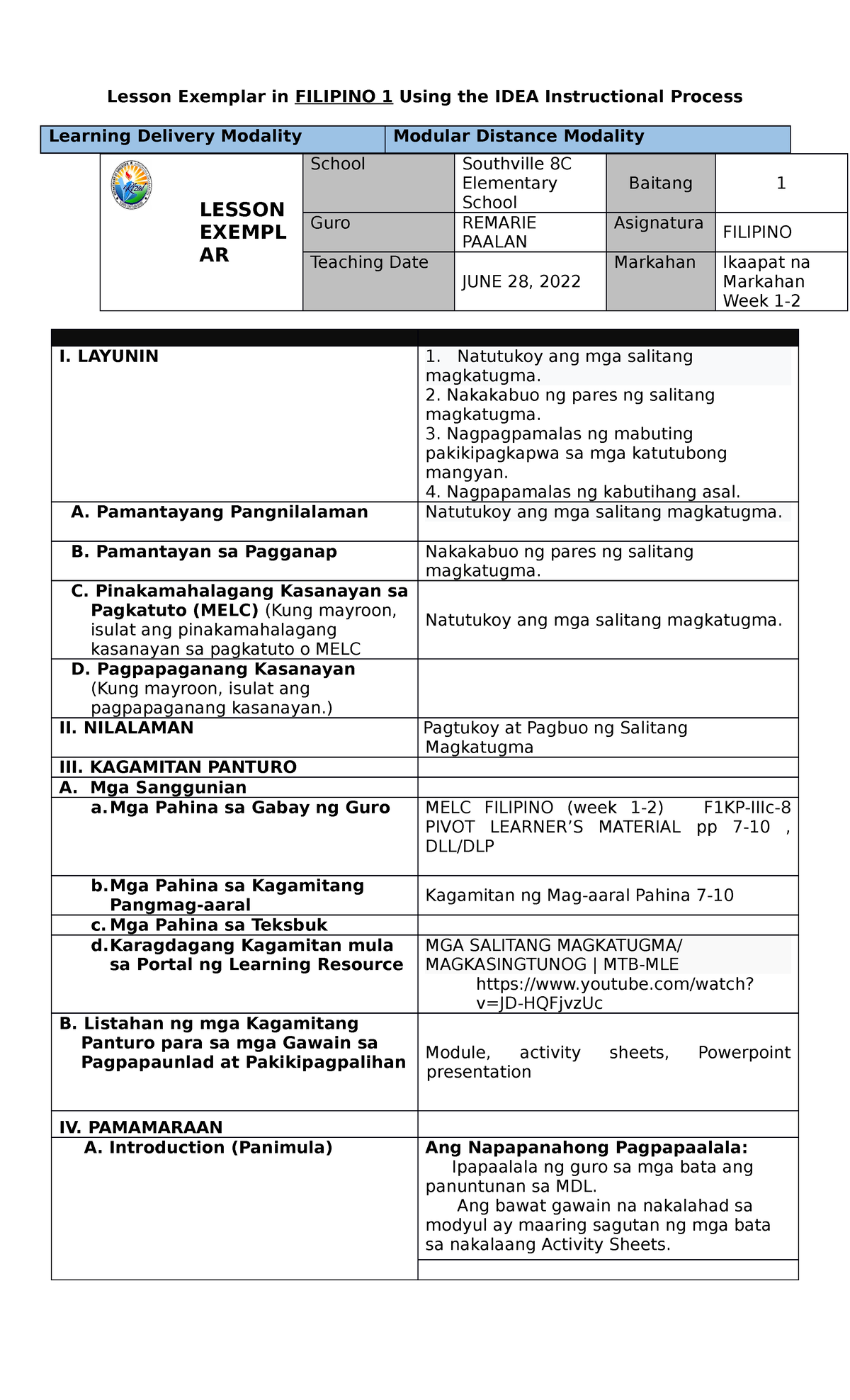 Natutukoy Ang Mga Salitang Magkatugma Lesson Plan Mob Vrogue co