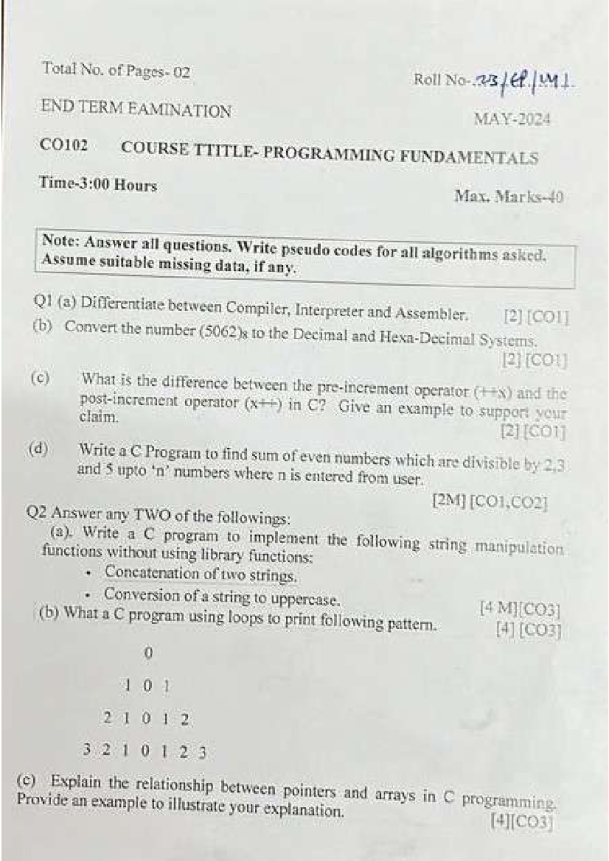 Endsem - May 2024 - PYQ - Total No. of 02 Roll END TERM EAMINATION CO102 COURSE PROGRAMMING ...