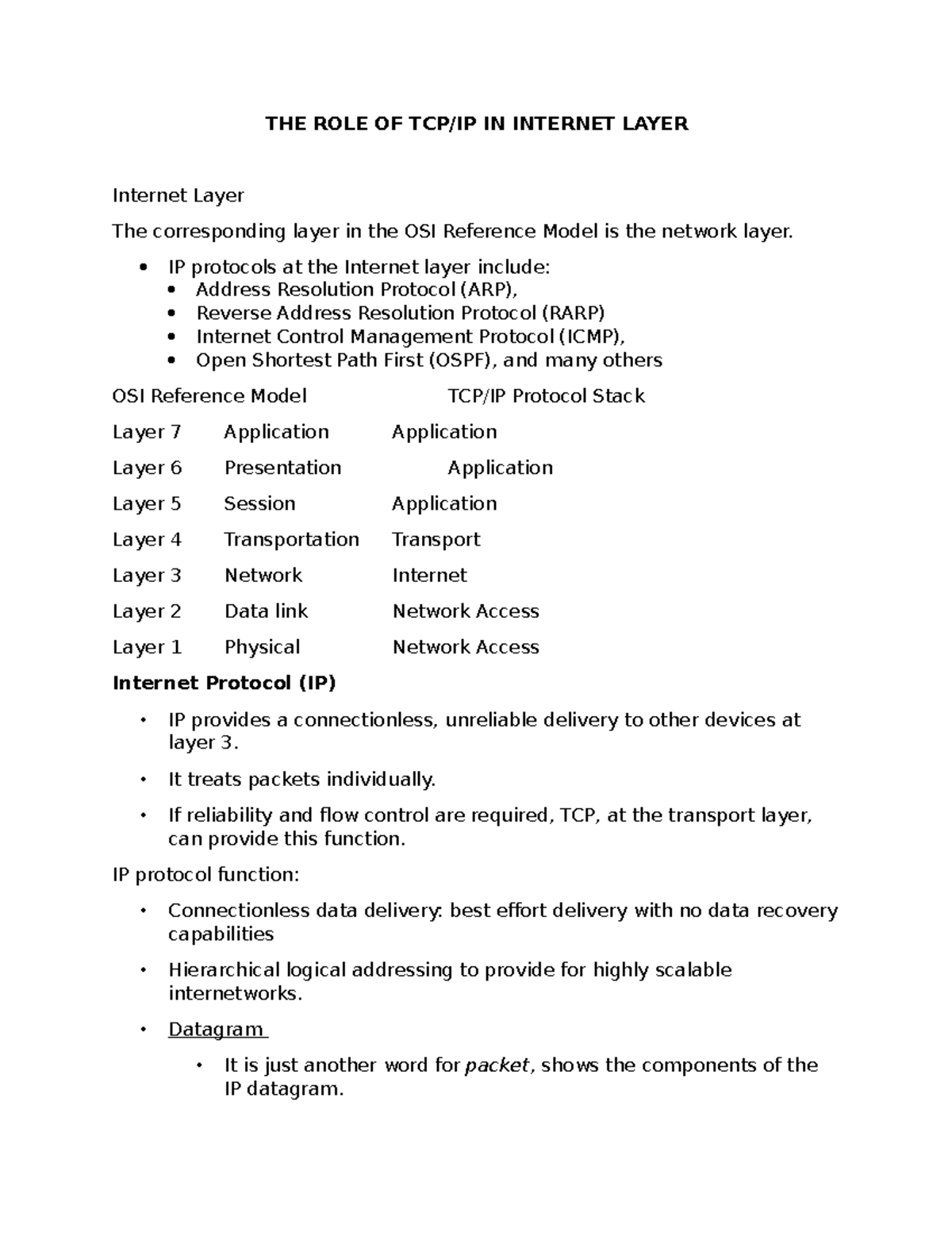 The Role Of Tcp Ip In Internet Layer The Role Of Tcpip In Internet Layer Internet Layer The