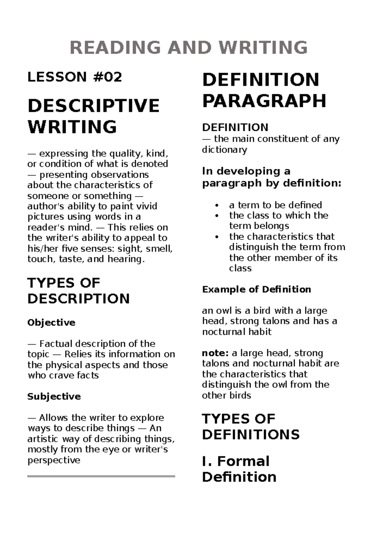 Reading and writing lesson 2 - READING AND WRITING LESSON DESCRIPTIVE ...