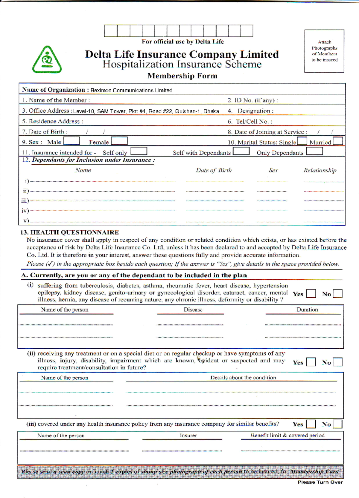 Insurance Membership Form - For official useby Delta Life Delta Life ...