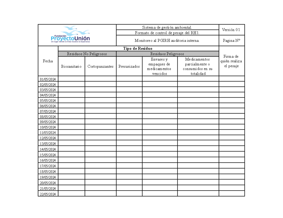 Formato Pesaje Residuos 2024 - MAYO - Sistema de gestión ambiental ...