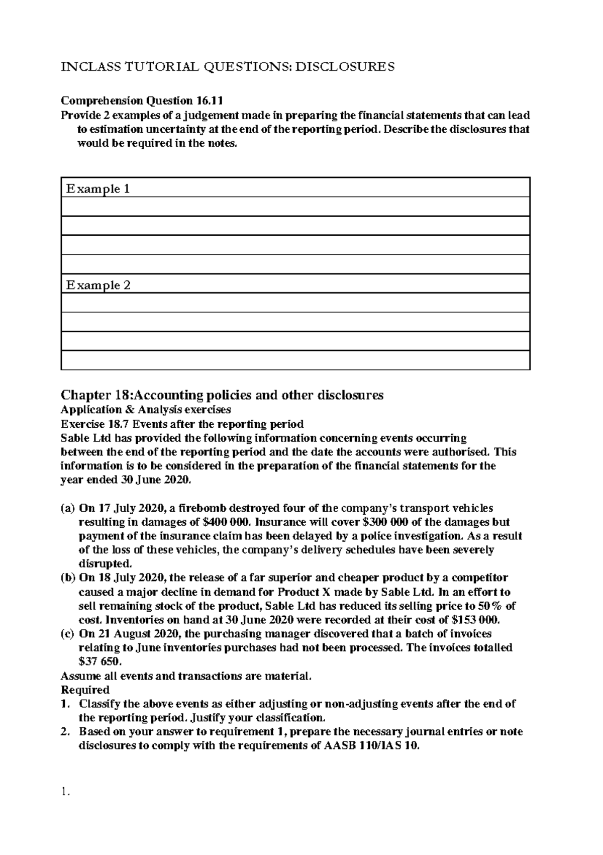 Week 12 Tutorial Questions - INCLASS TUTORIAL QUESTIONS: DISCLOSURES ...