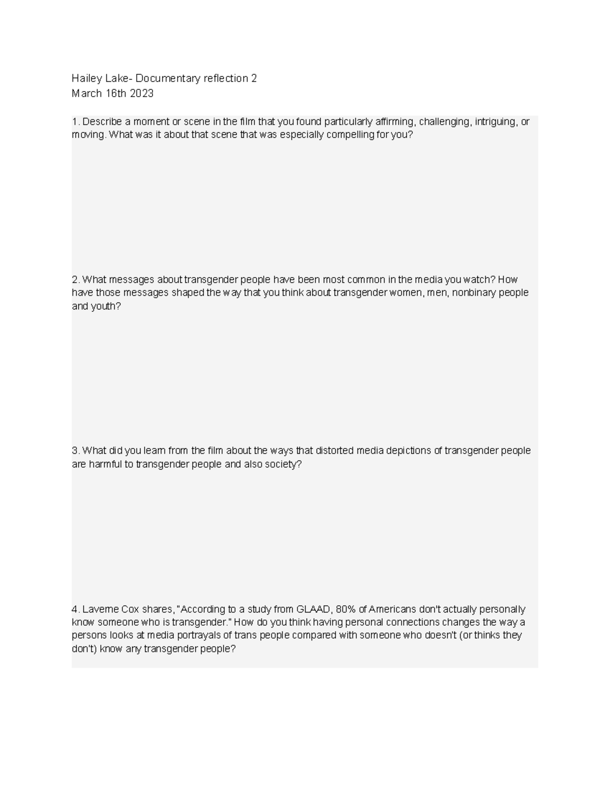 reflection questions for documetary - Hailey Lake- Documentary ...