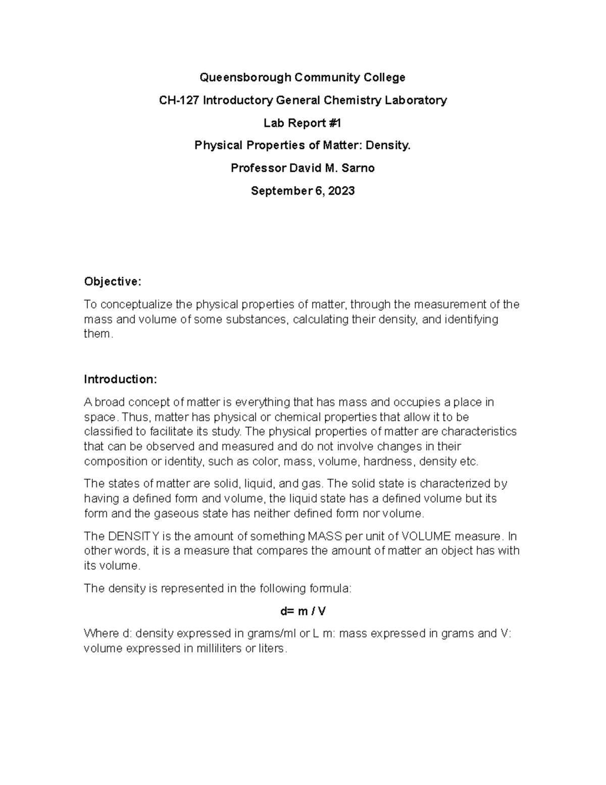 Report #1 - Queensborough Community College CH-127 Introductory General ...