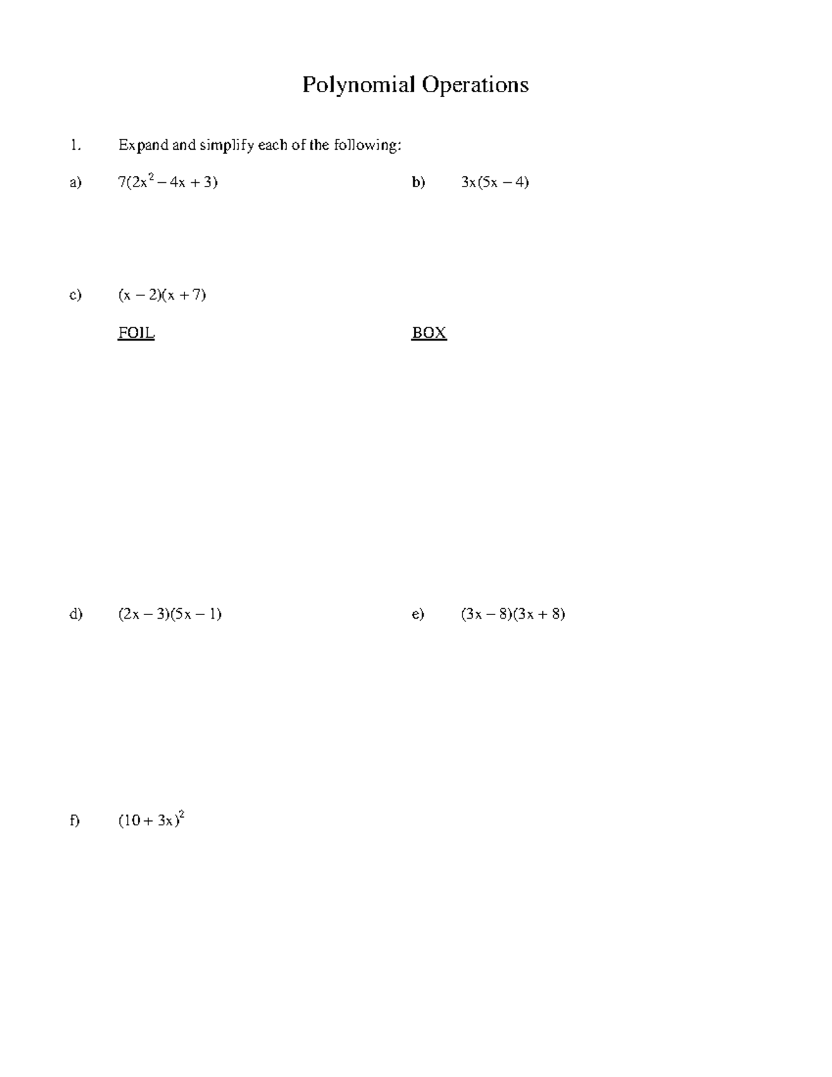 2-Polynomials - review - Polynomial Operations 1. Expand and simplify ...