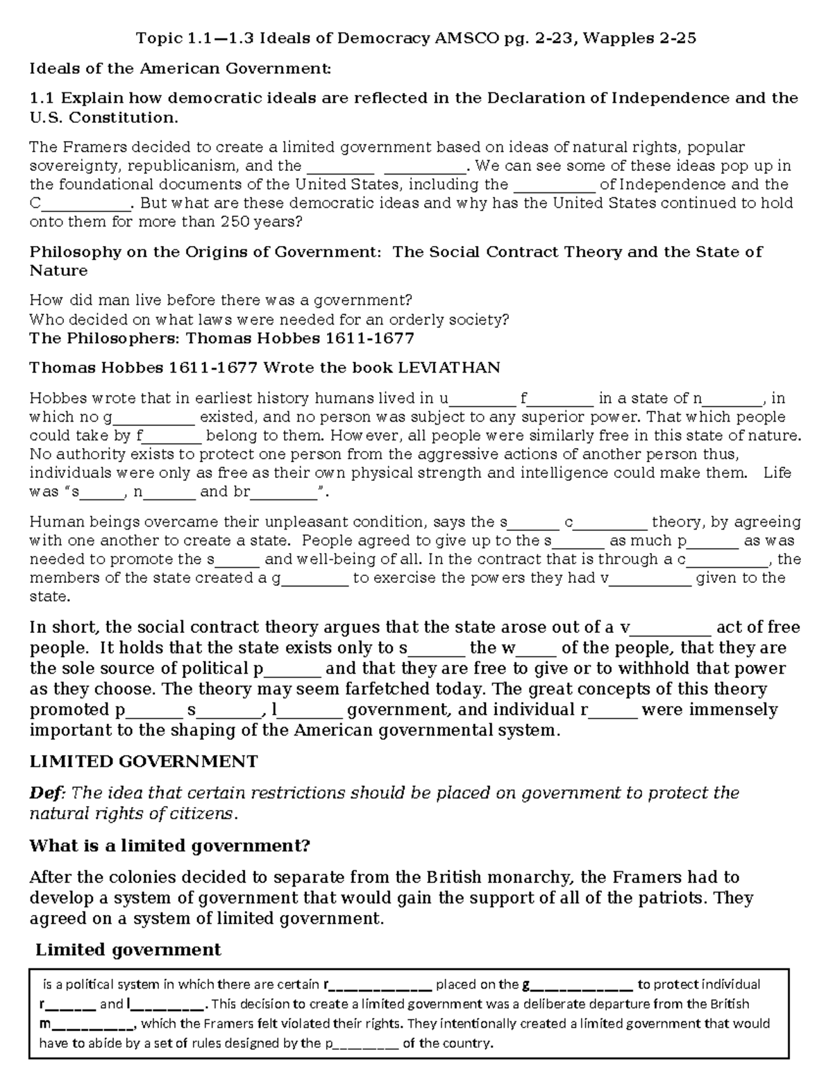 Topic 1.1—1.3 Ideals of Dem Notes - Topic 1—1 Ideals of Democracy AMSCO ...