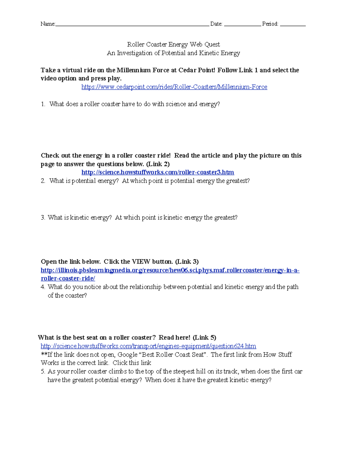 Rollercoaster Webquest - Name: Date: Period: Roller Coaster Energy Web ...