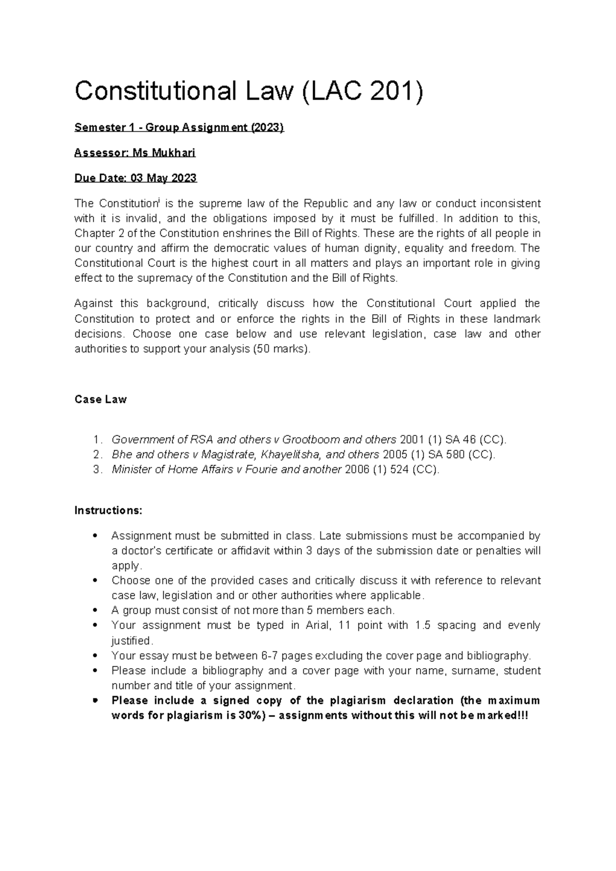 Constitutional Law group assigment - Constitutional Law (LAC 201 ...