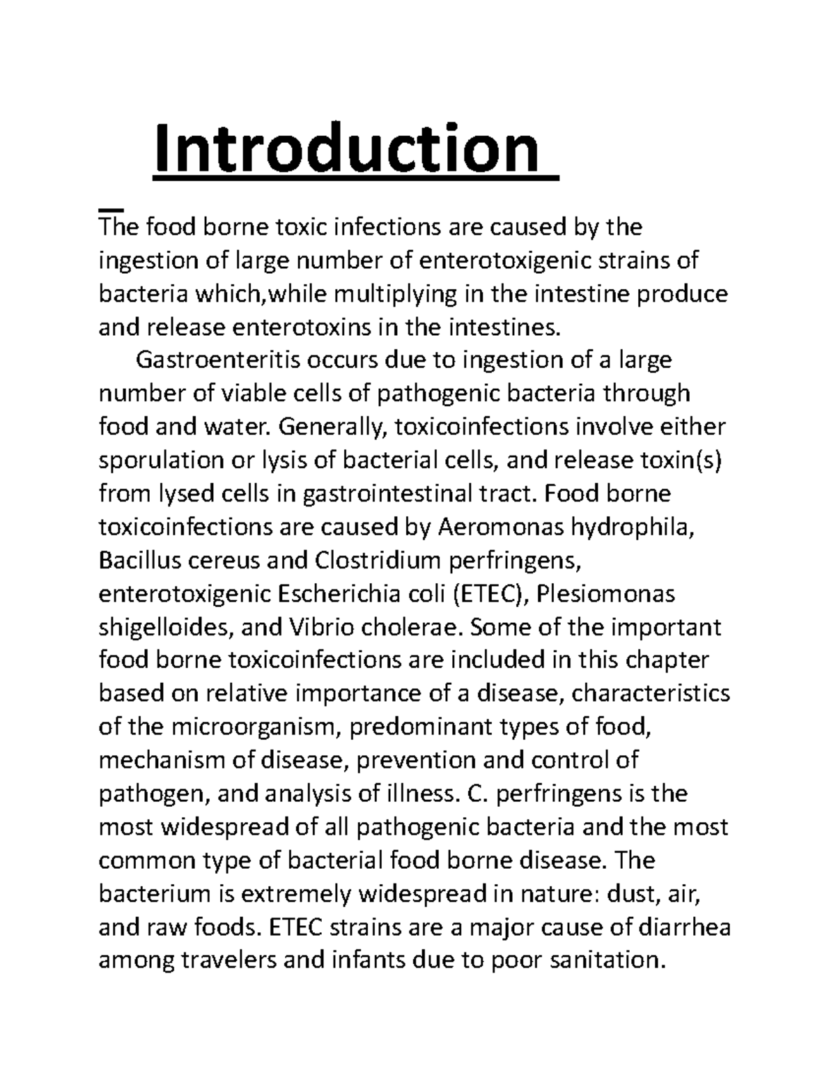 Food safety - Assignment - Introduction The food borne toxic infections ...