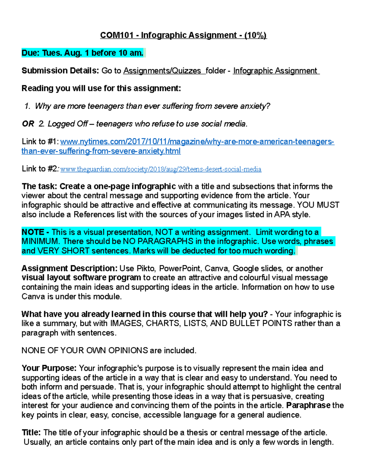 Infographic Assignment - Aug. 1 before 10 am. Submission Details: Go to ...