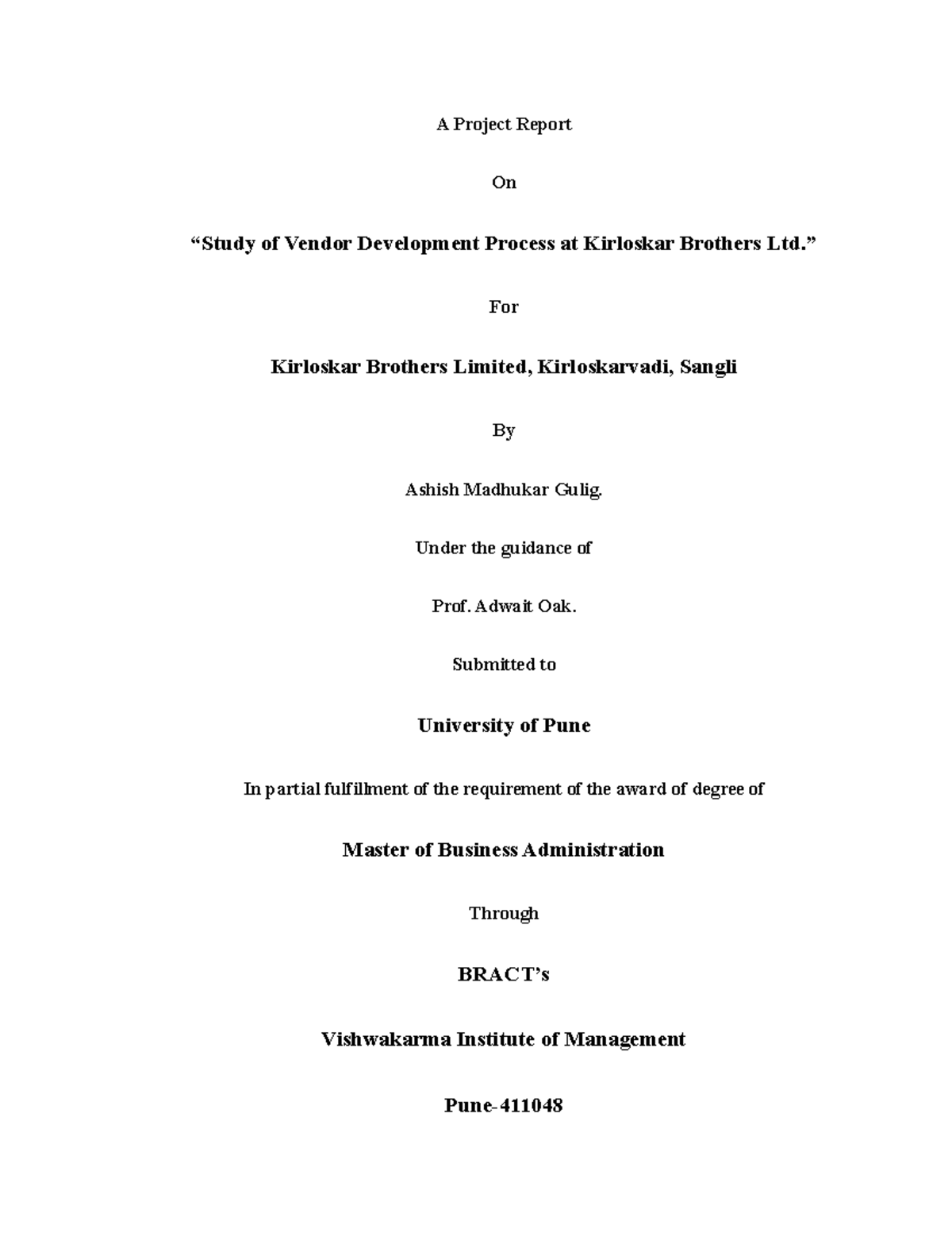 Vendor Details Study - A Project Report On “Study of Vendor Development ...