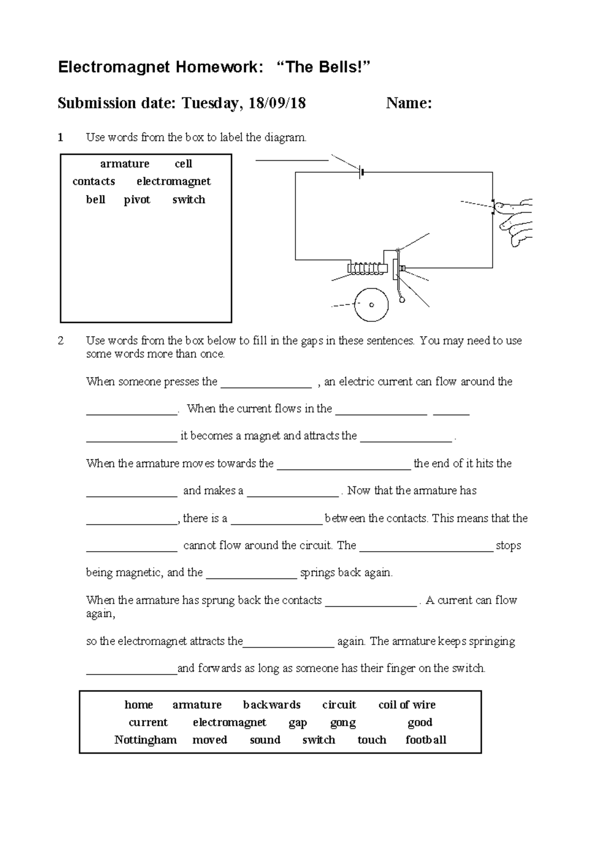 Science Worksheet - Electromagnet Homework: “The Bells!” Submission ...
