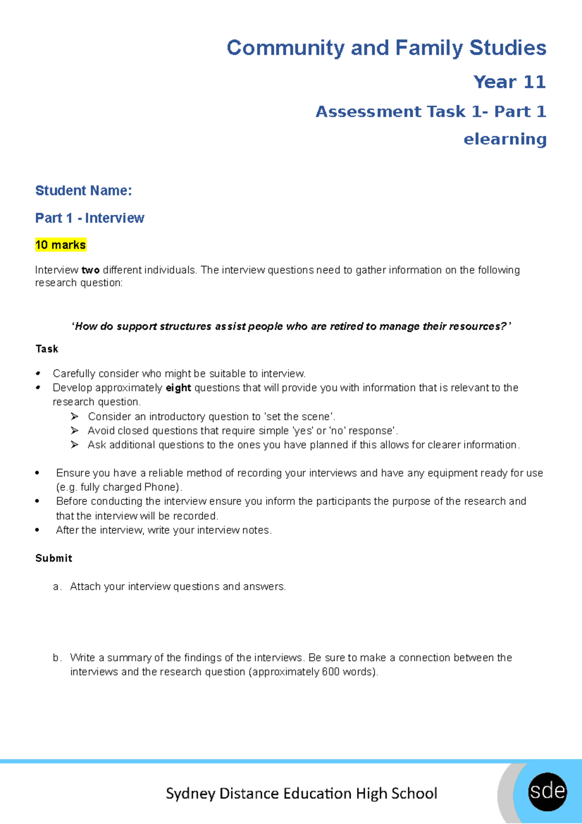 Assessment Topic 1 - Community and Family Studies Year 11 Assessment ...