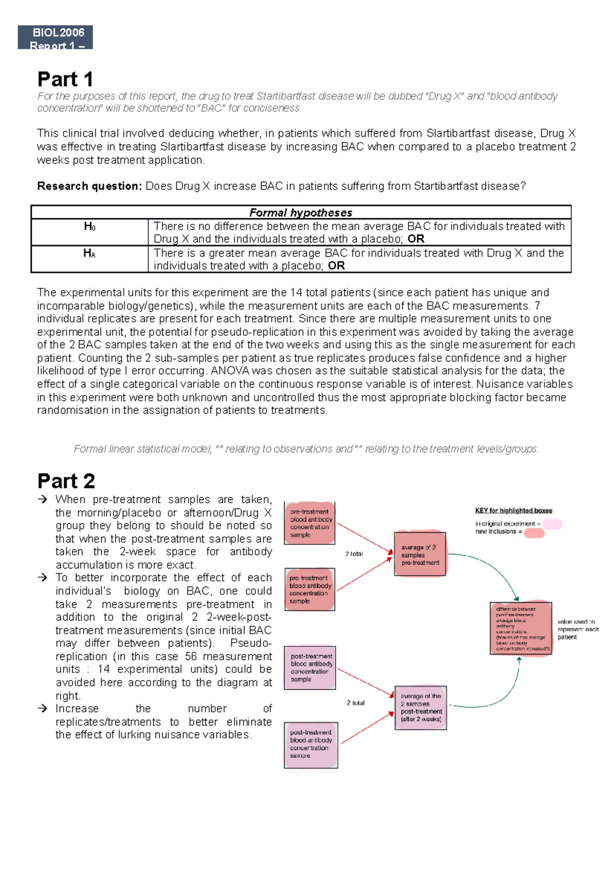 Biostatistics experimental design report 1 - Part 1 For the purposes of this report, the drug to ...