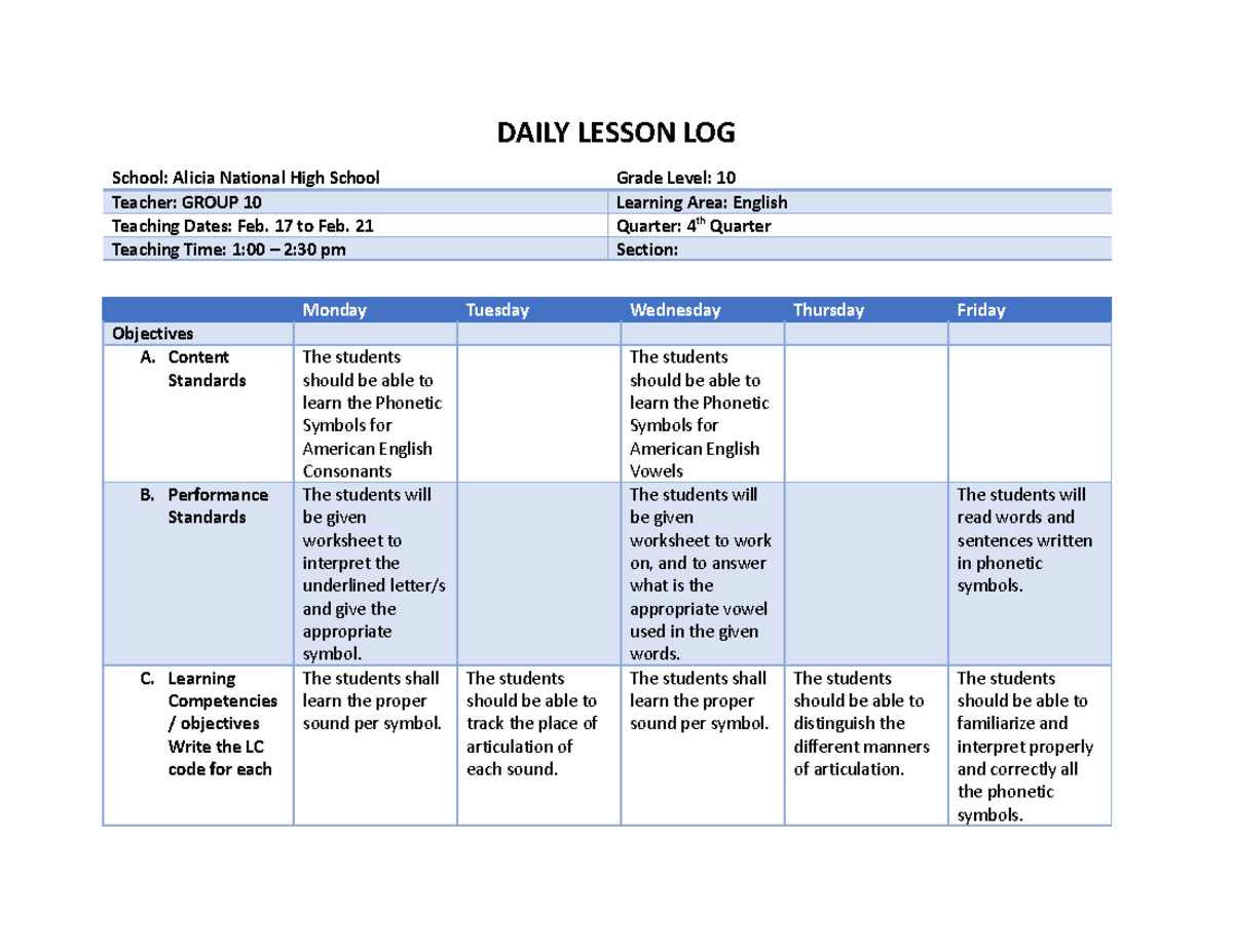 Daily Lesson LOG - i am an engineering student - DAILY LESSON LOG ...