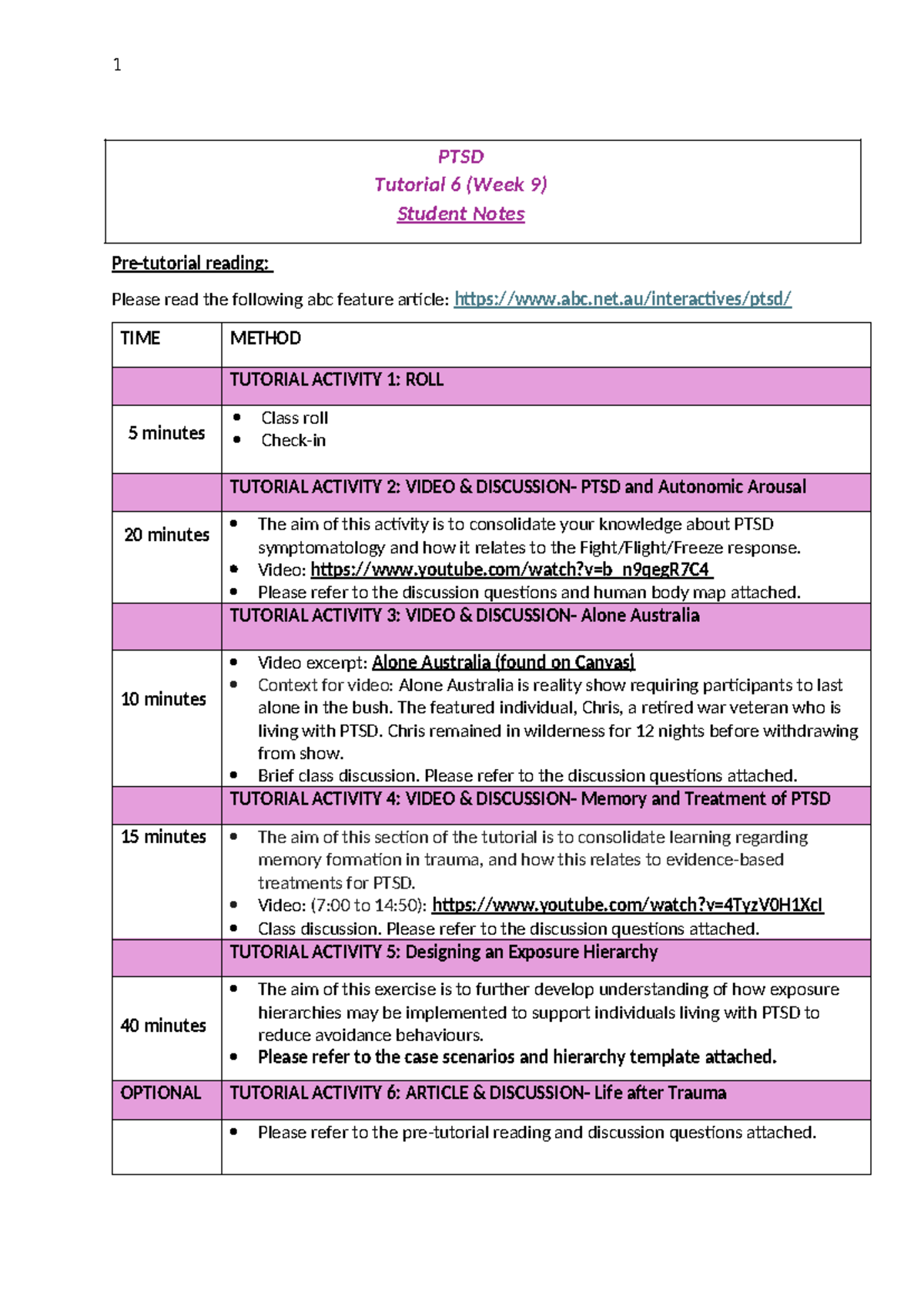 PTSD Student Notes Final - PTSD Tutorial 6 (Week 9) Student Notes Pre ...