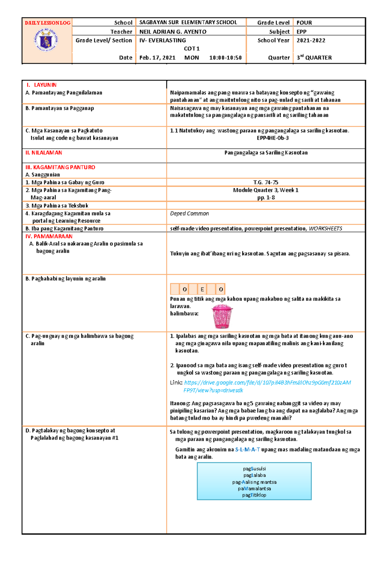 SDO Bohol - EPP4 COT 1 DLL (Repaired) - School SAGBAYAN SUR ELEMENTARY ...