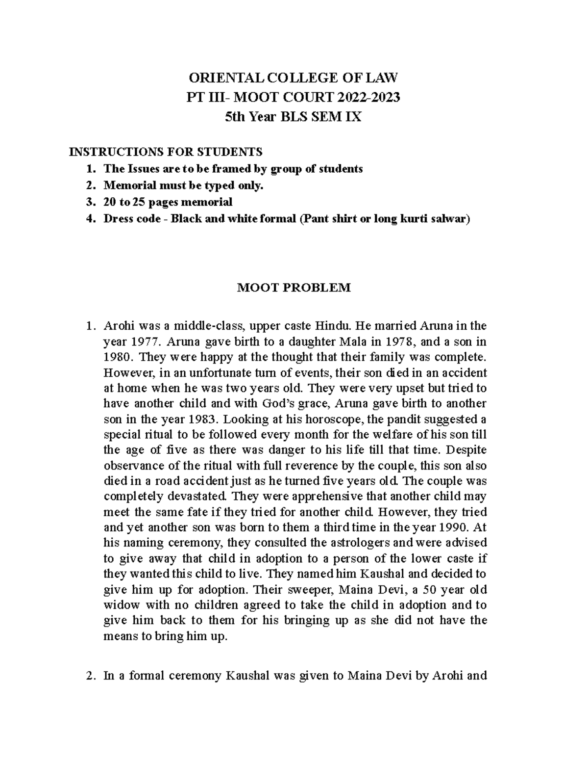MOOT Court Problems SEM IX 5th year BLS - ORIENTAL COLLEGE OF LAW PT ...