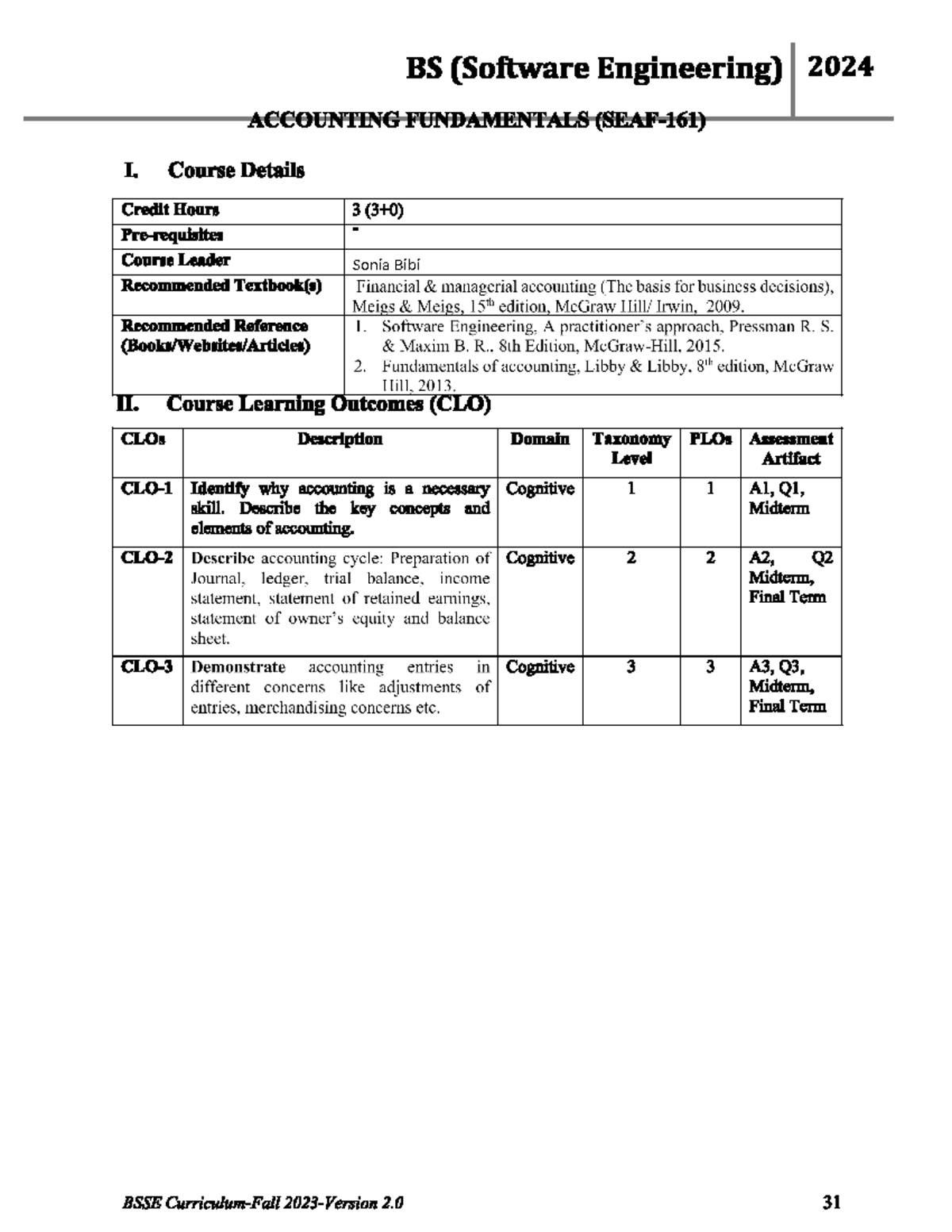 Accounting Fundamentals Course Outline - BS (Software Engineering) 2024 ...