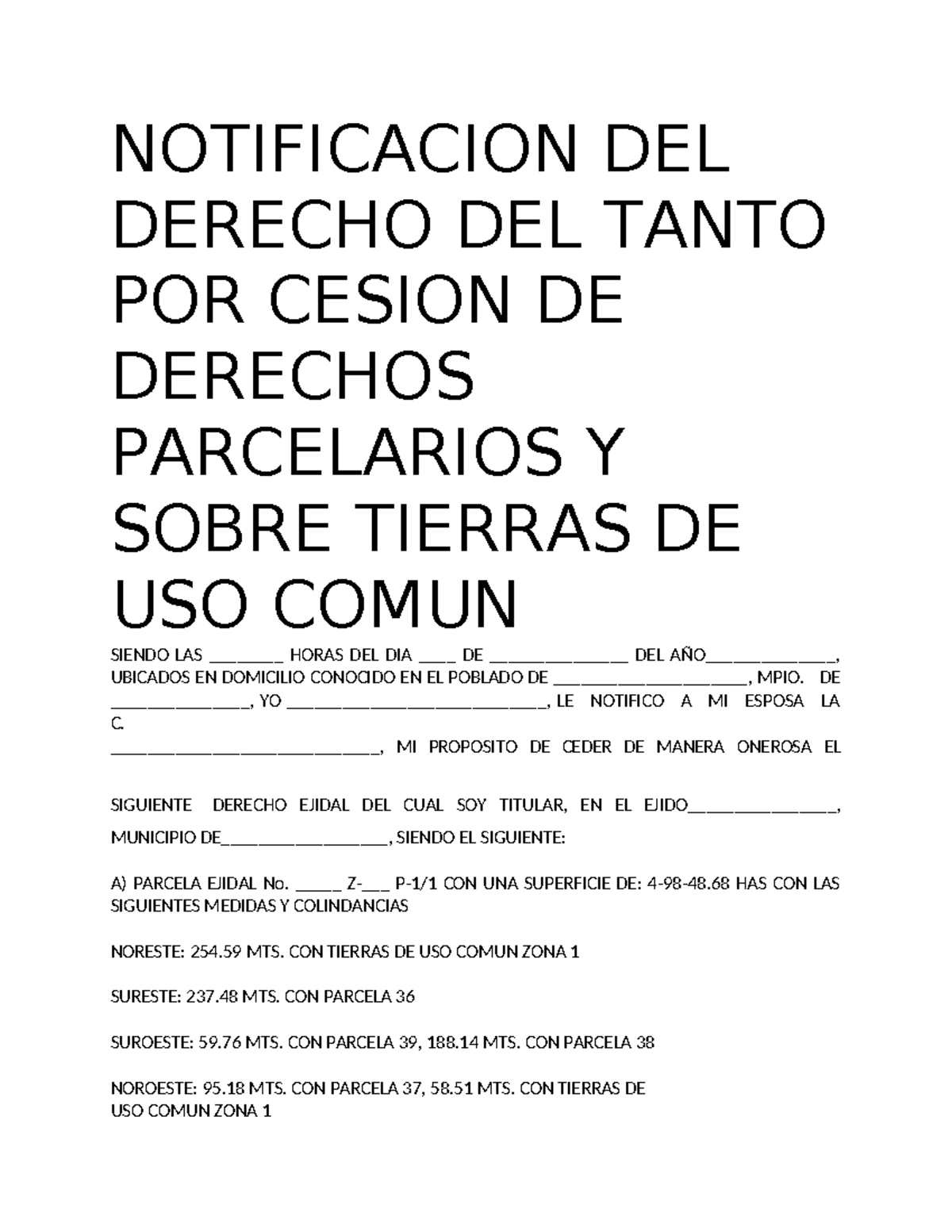 Notificacion DEL Derecho DEL Tanto POR Cesion DE - NOTIFICACION DEL ...