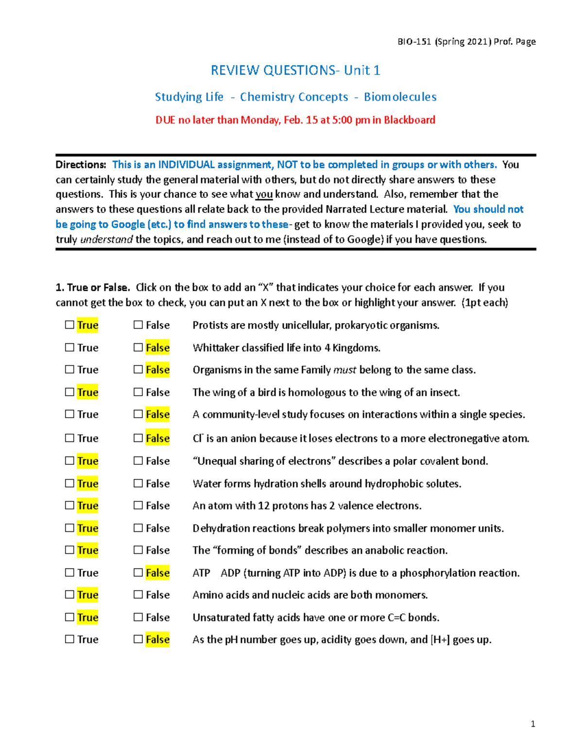 Review Questions Unit 1- Study Life Chemistry Biomolecules - REVIEW ...