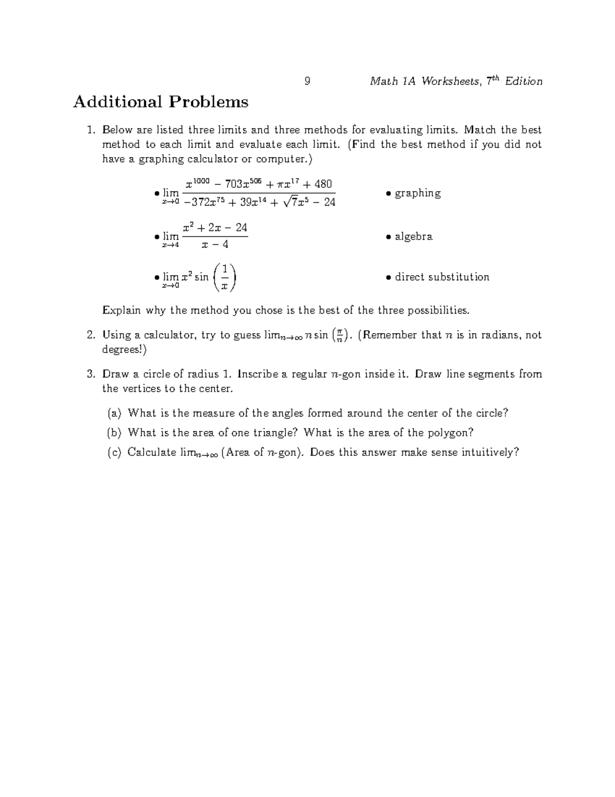 WS-W - Calculus Practice - 9 Math 1A Worksheets, 7 th Edition ...