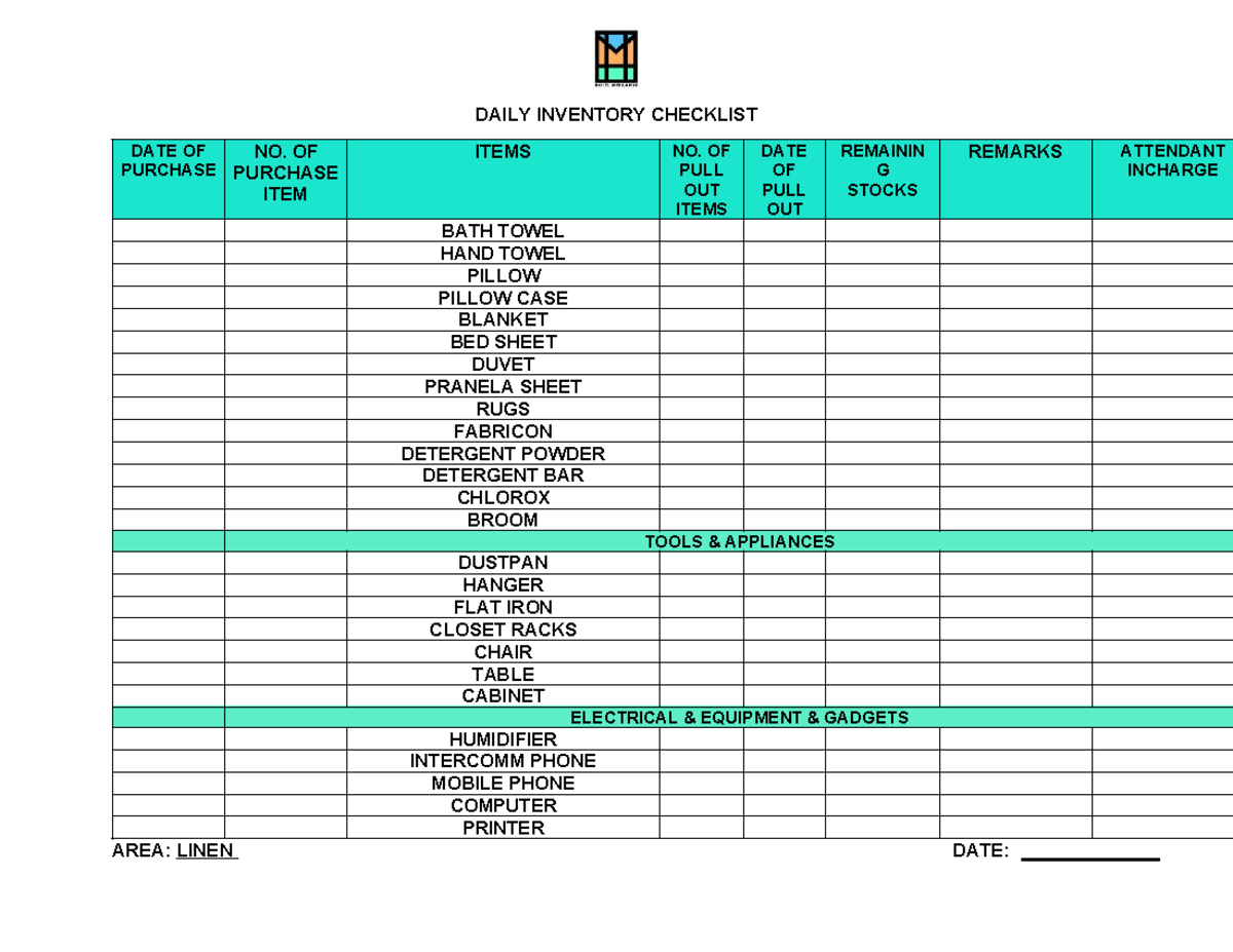 Daily Inventory Checklist - DATE OF PURCHASE NO. OF PURCHASE ITEM ITEMS ...