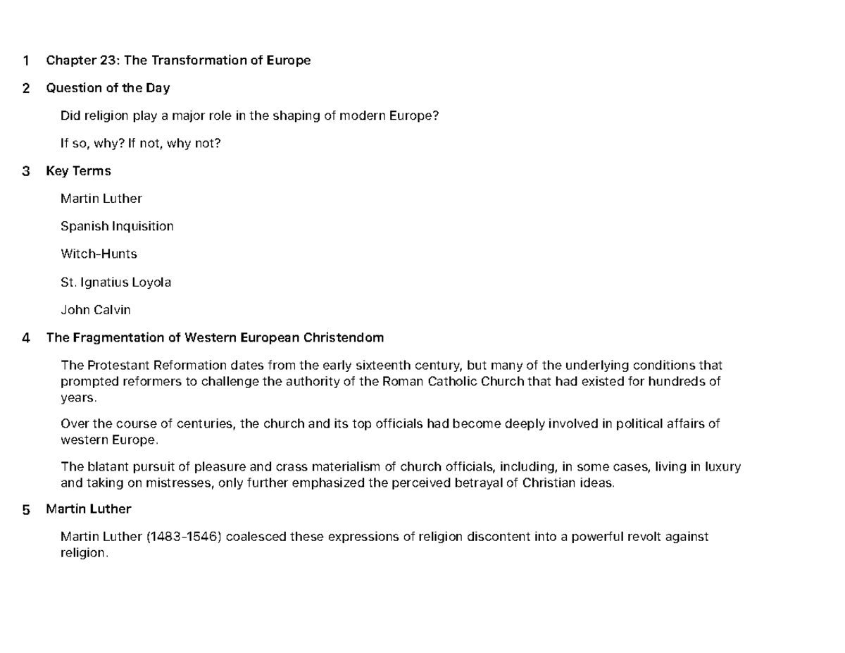 Chpater 23; Transformation of Europe - 1 Chapter 23: The Transformation ...