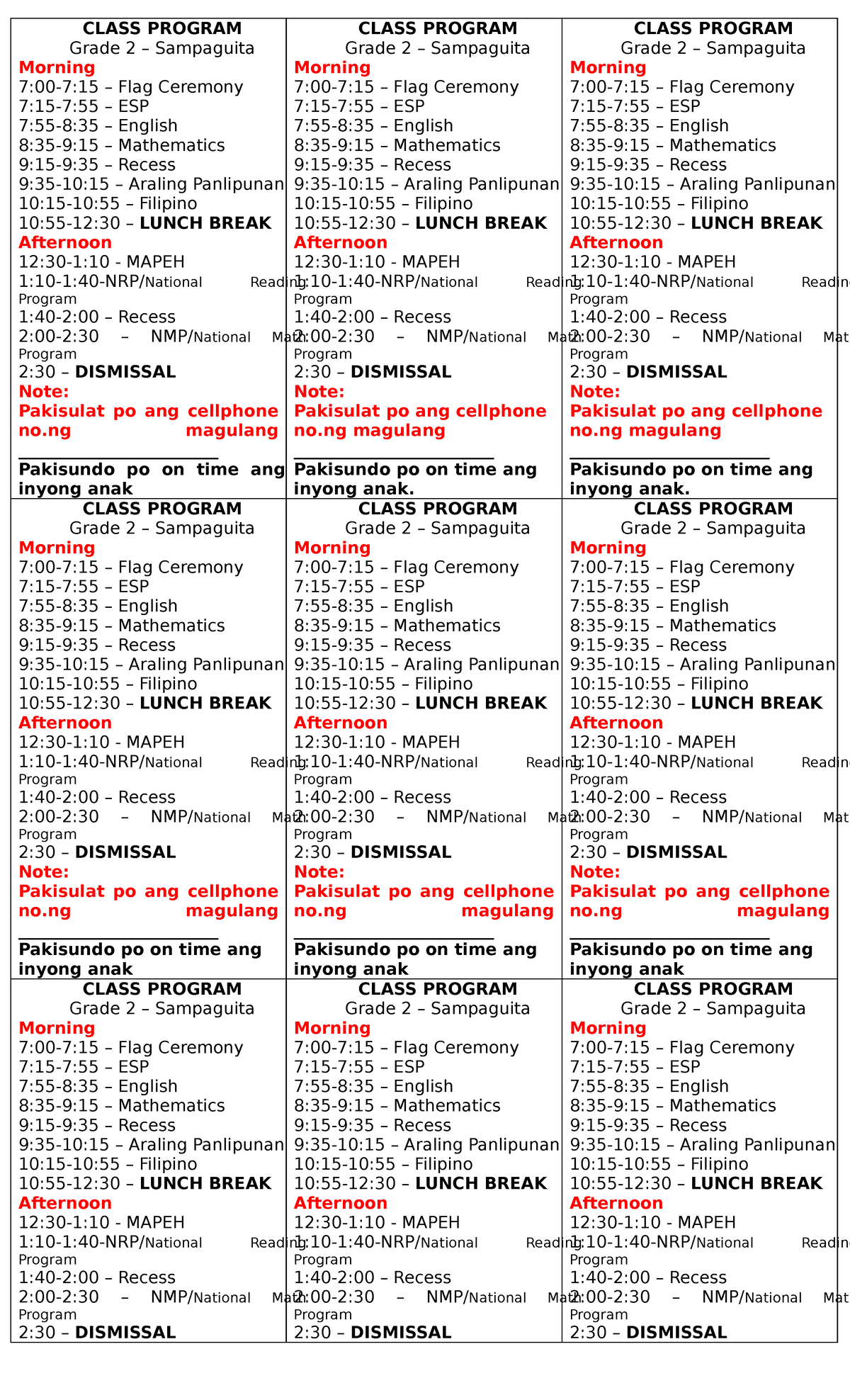 Class Program-bata - student copy - CLASS PROGRAM Grade 2 – Sampaguita ...