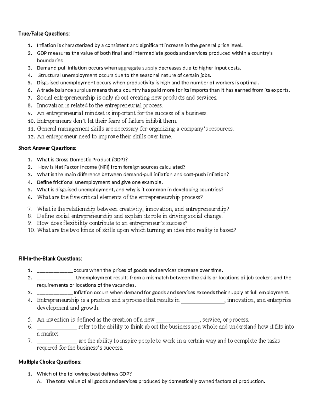 Worksheet III Grade 9 (economics) - True/False Questions: 1. Inflation ...