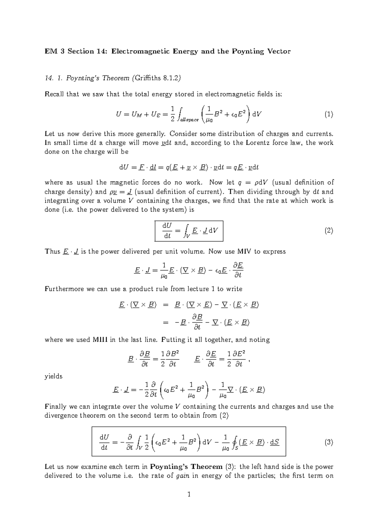 Lec14 - EM 3 Section 14: Electromagnetic Energy and the Poynting Vector ...