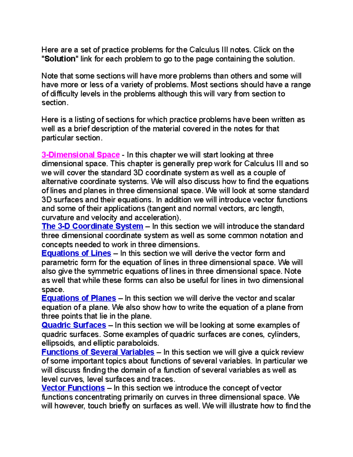 CAL practice problems for the Calculus III notes - Click on the ...