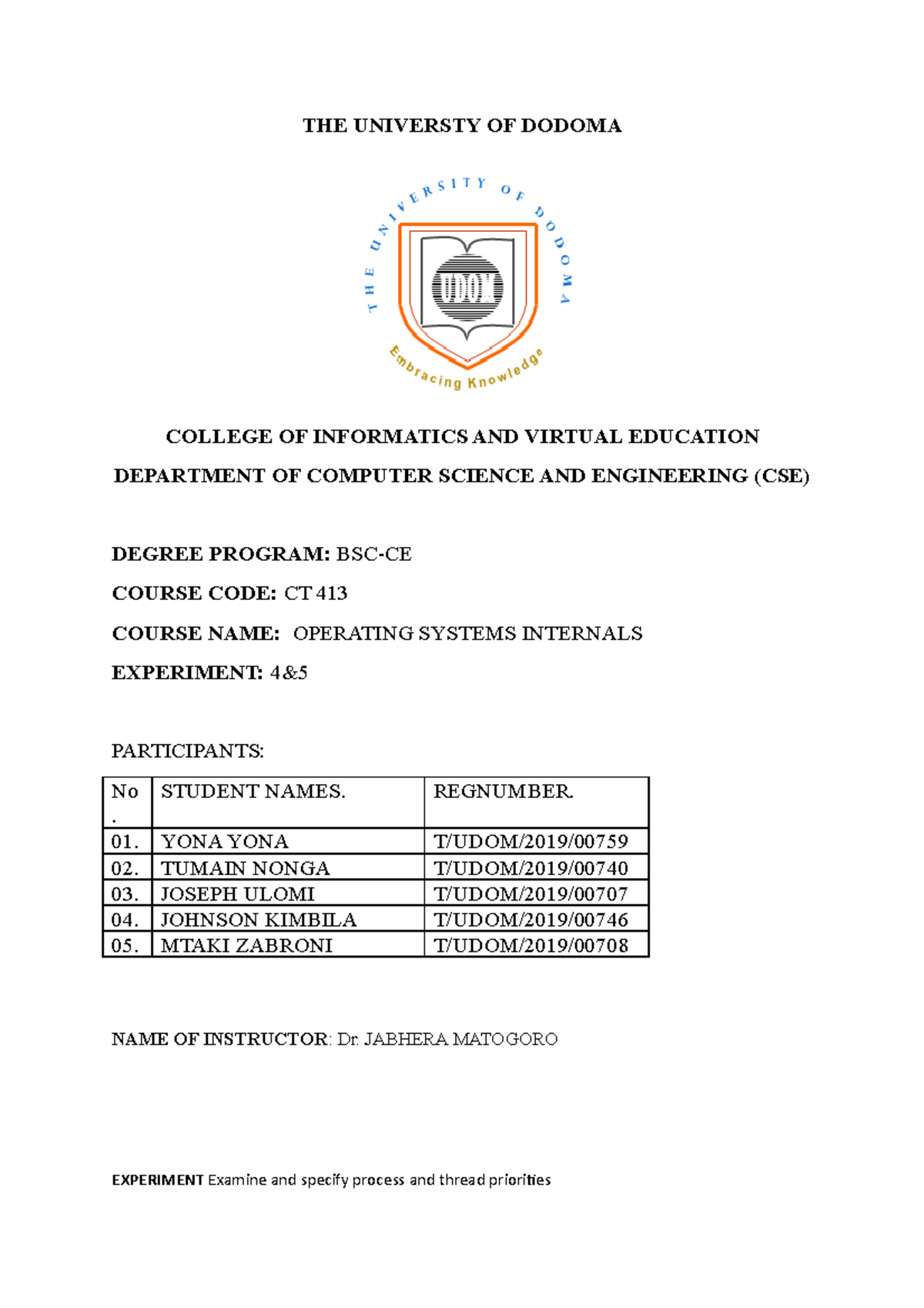 Group 4 Experiment 4 AND 5 andffffffffvyyy - THE UNIVERSTY OF DODOMA ...