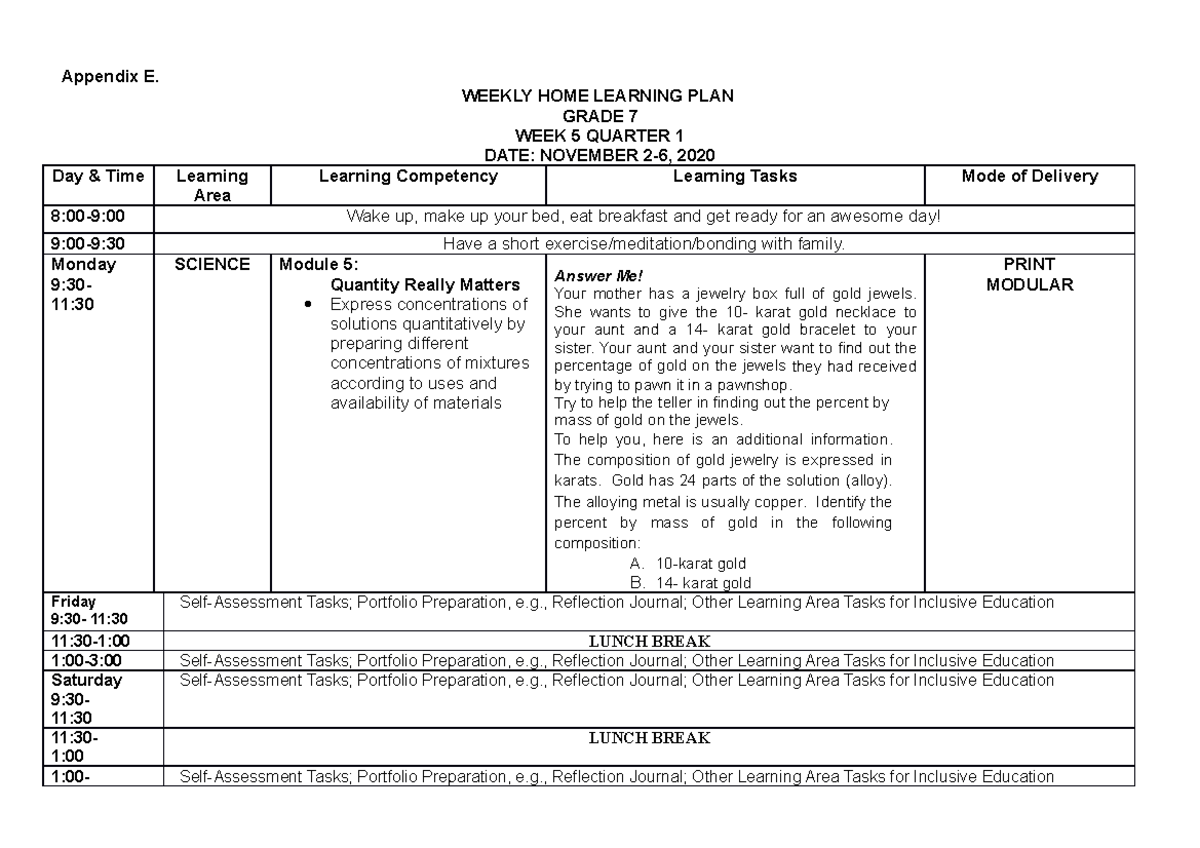 Week5 - DLL - Appendix E. WEEKLY HOME LEARNING PLAN GRADE 7 WEEK 5 ...