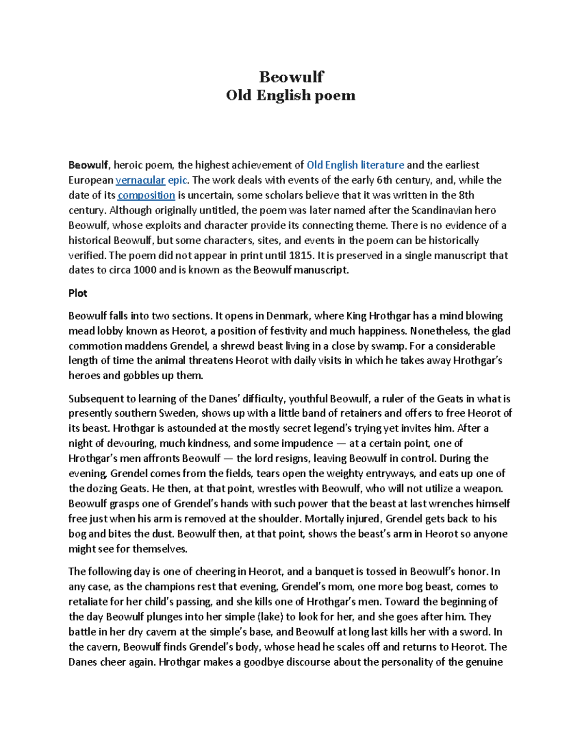 Beowulf Summary - Shakespeare - Beowulf Old English poem Beowulf ...