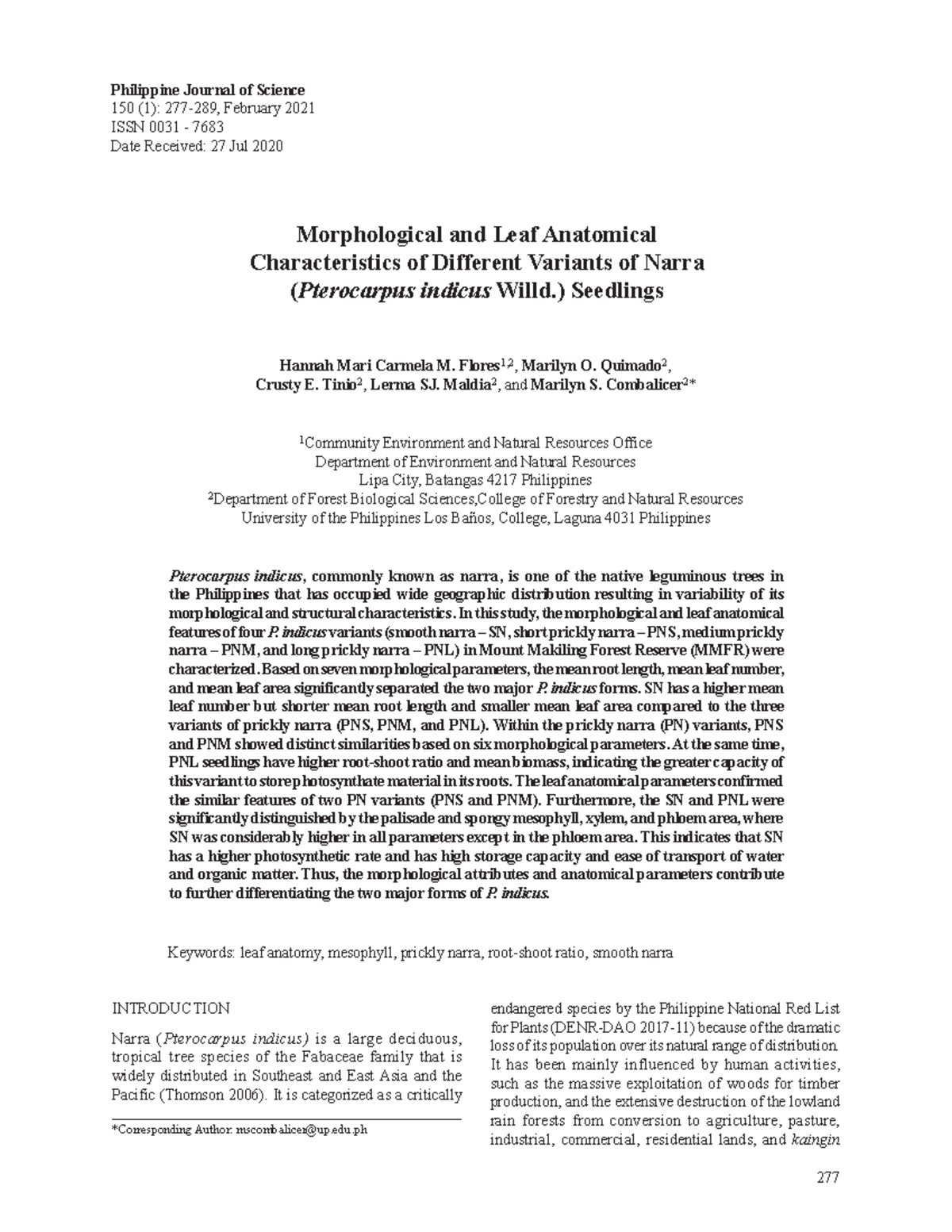Morphological and Leaf Anatomical Characteristics of Narra Tree ...