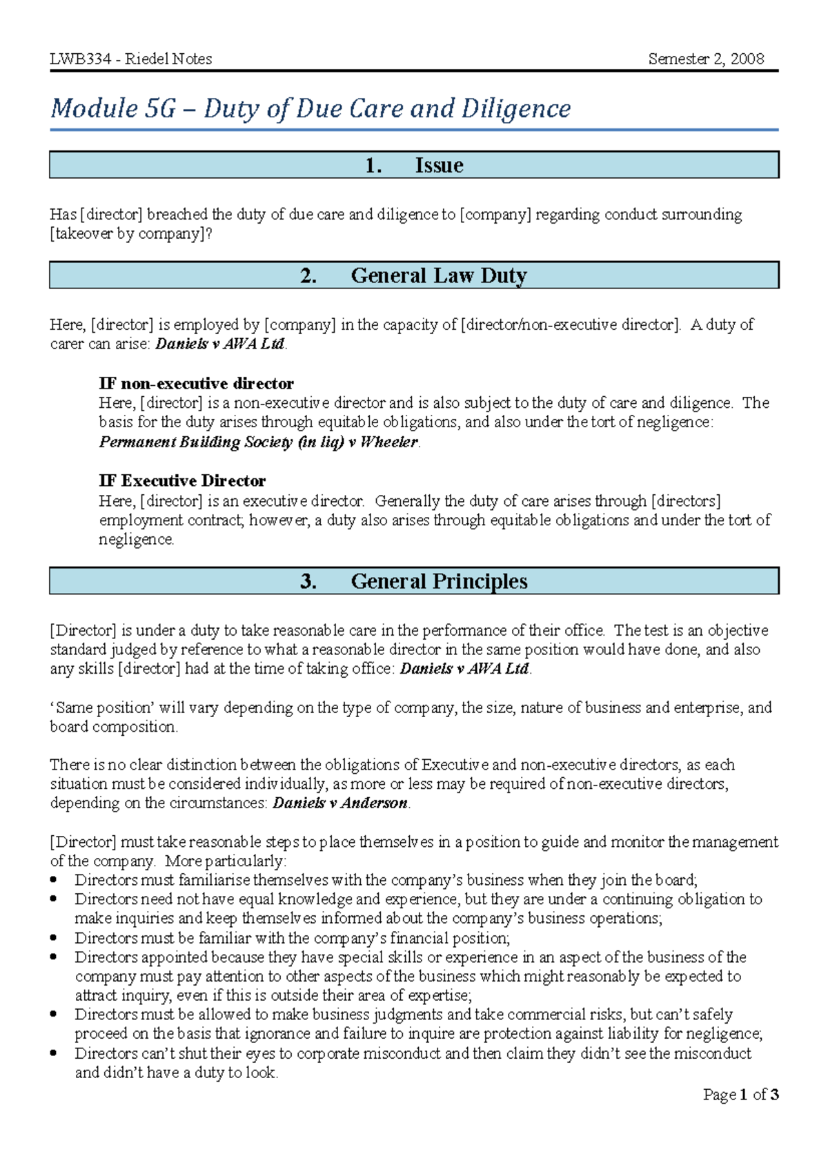 Module 5F (Wk 6) - Duty of Due Care and Diligence - LWB334 - Riedel ...