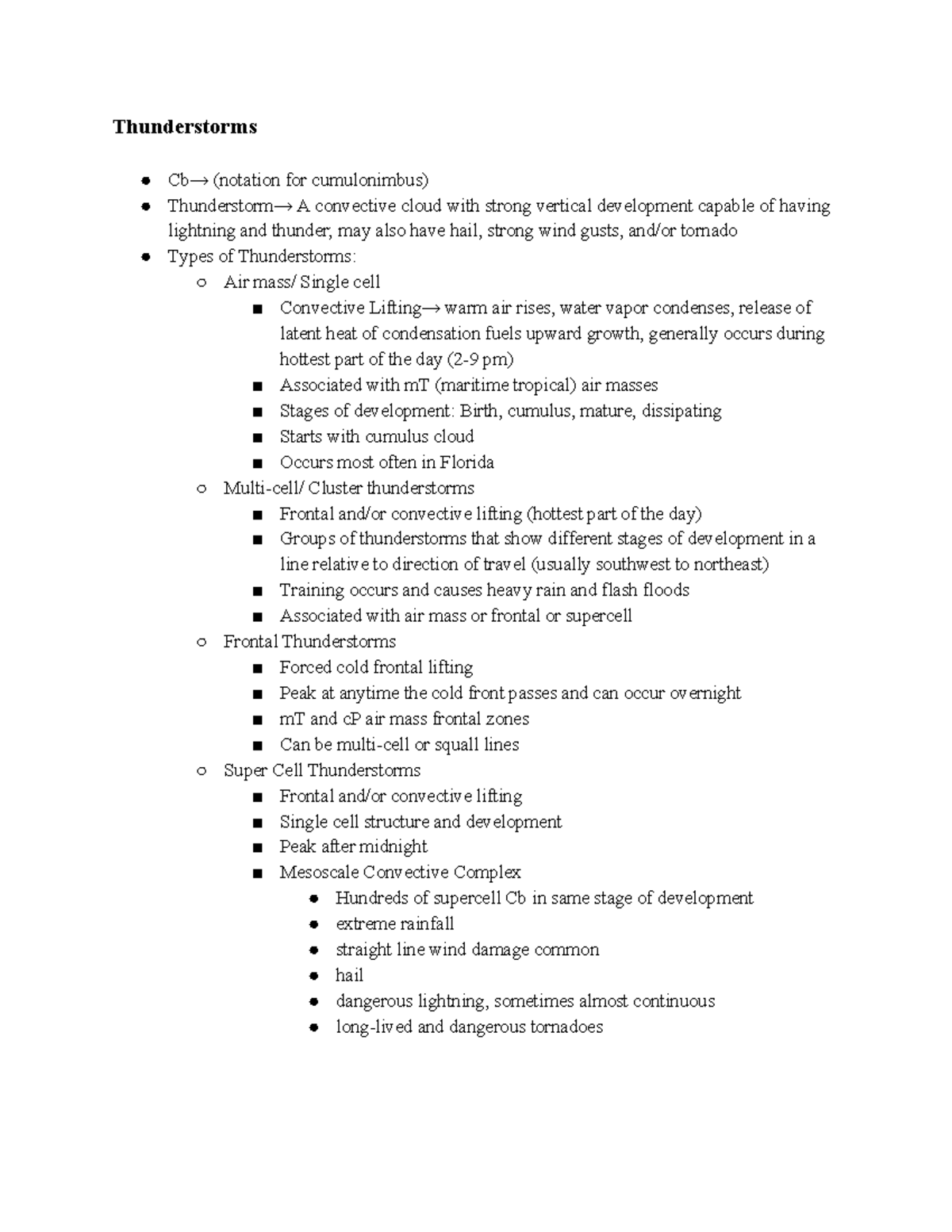 Geog 120 Final Notes - Thunderstorms Cb→ (notation for cumulonimbus ...