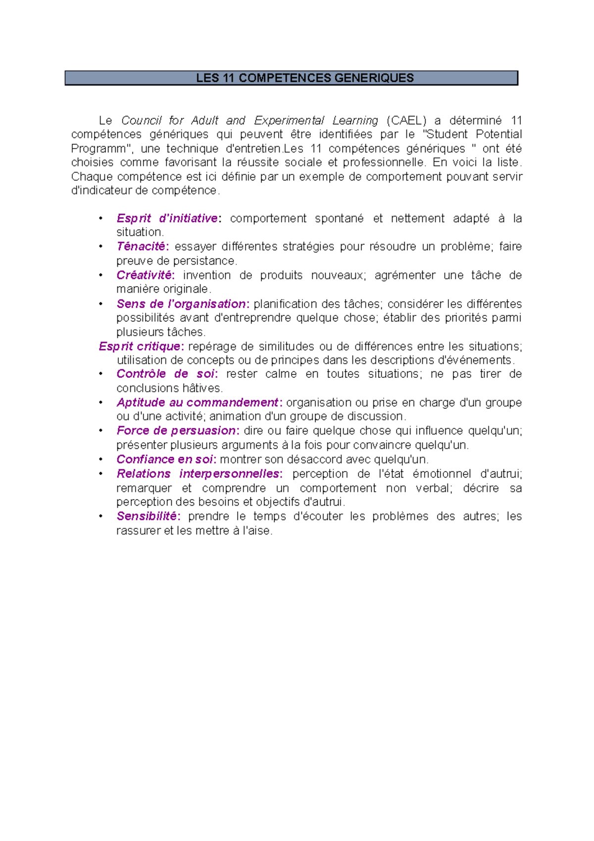 LES 11 Competences Generiques UNI - LES 11 COMPETENCES GENERIQUES Le ...