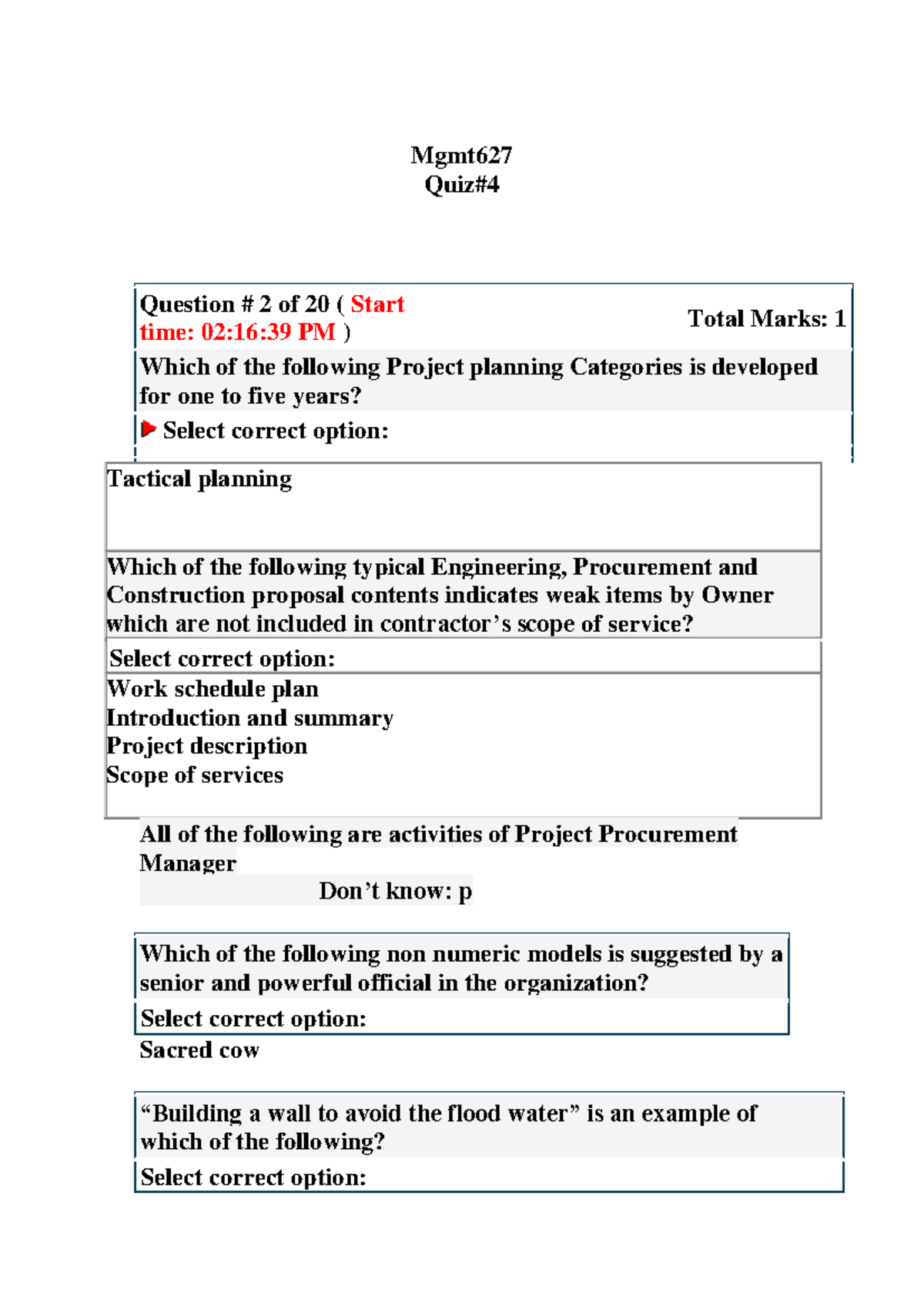MCQS - MGMT627 Quiz4 - Mgmt Quiz# Question # 2 of 20 ( Start time: 02: ...