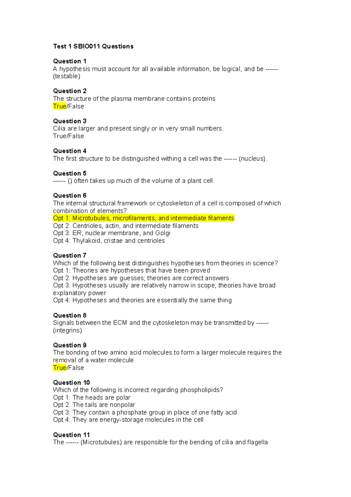 Test 1 SZOO012 2023 - Test 1 SBIO011 Questions Question 1 A hypothesis ...