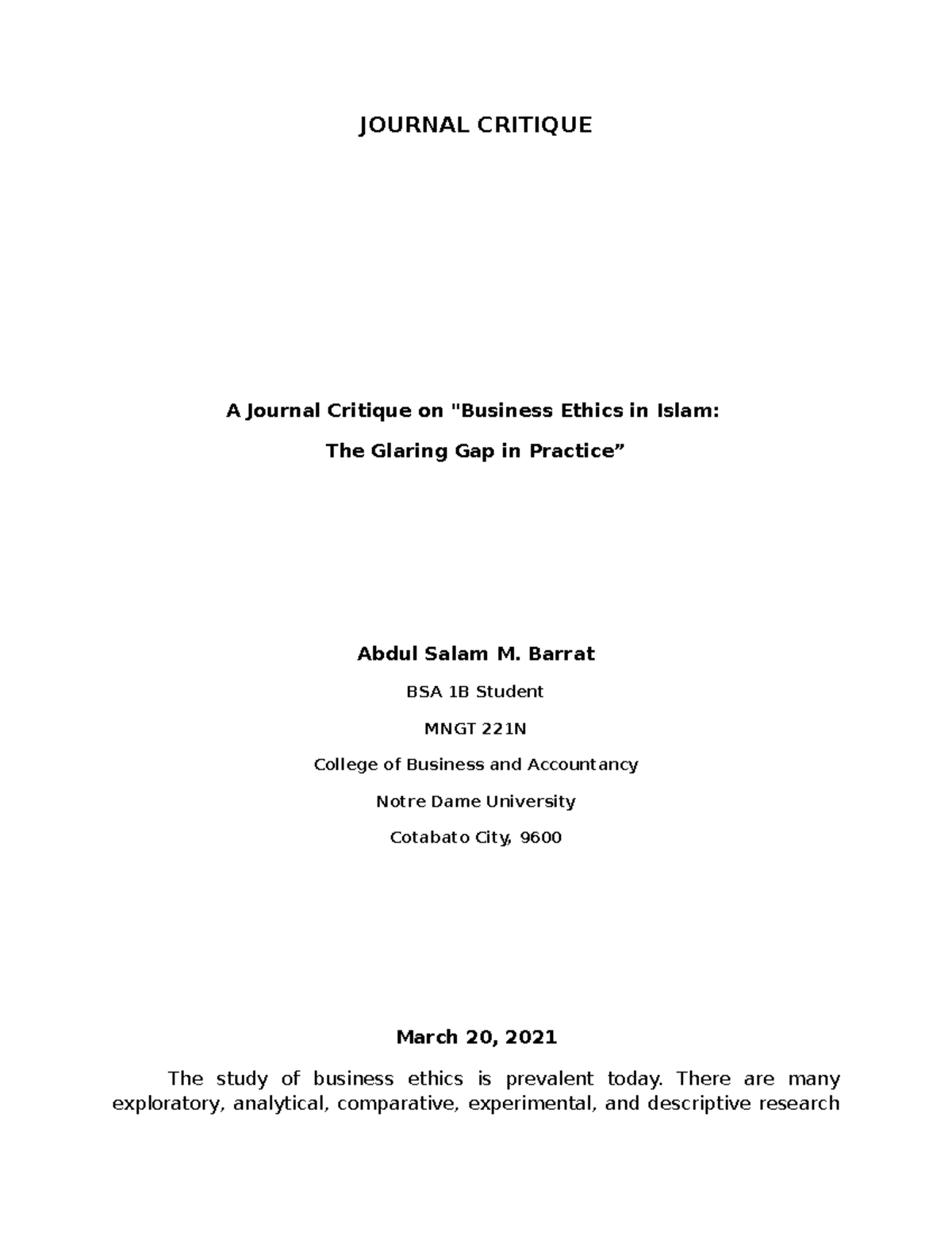 Barrat - Journal Critique (Business Ethics) - JOURNAL CRITIQUE A ...