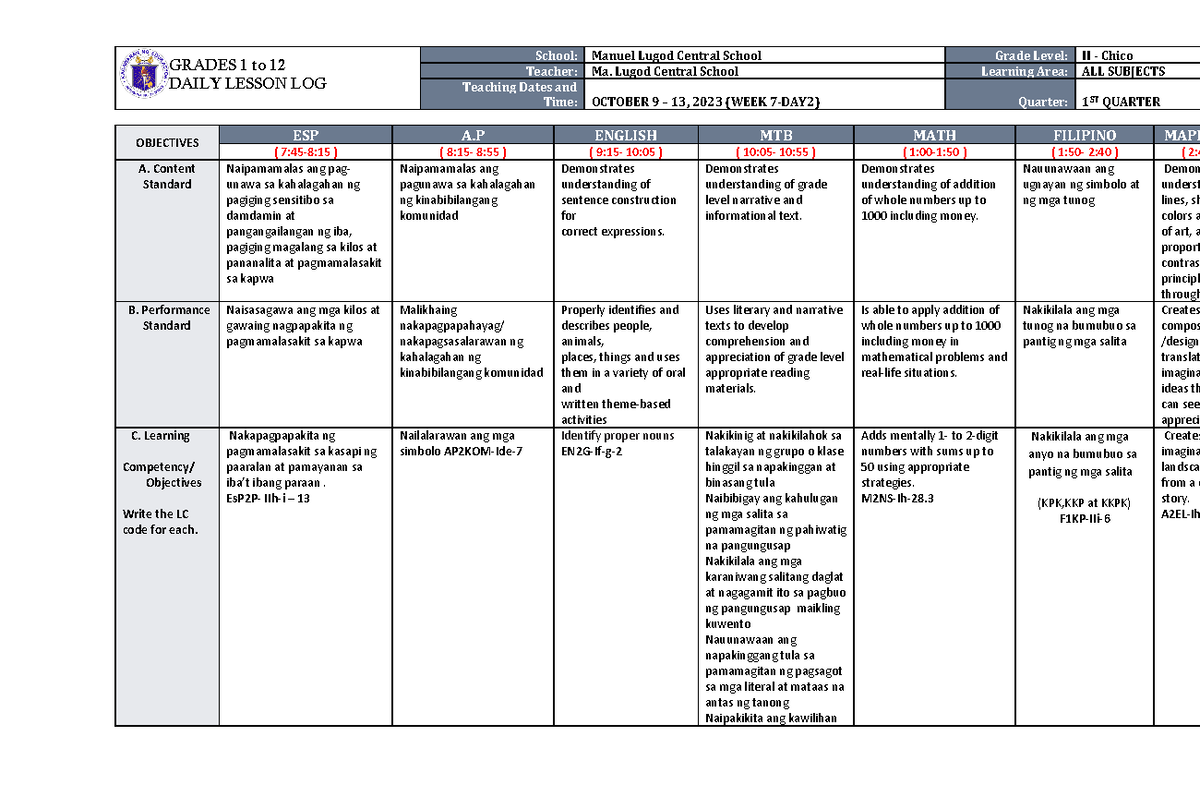 DLL ALL Subjects 2 Q1 W7 D2 - GRADES 1 to 12 DAILY LESSON LOG School ...