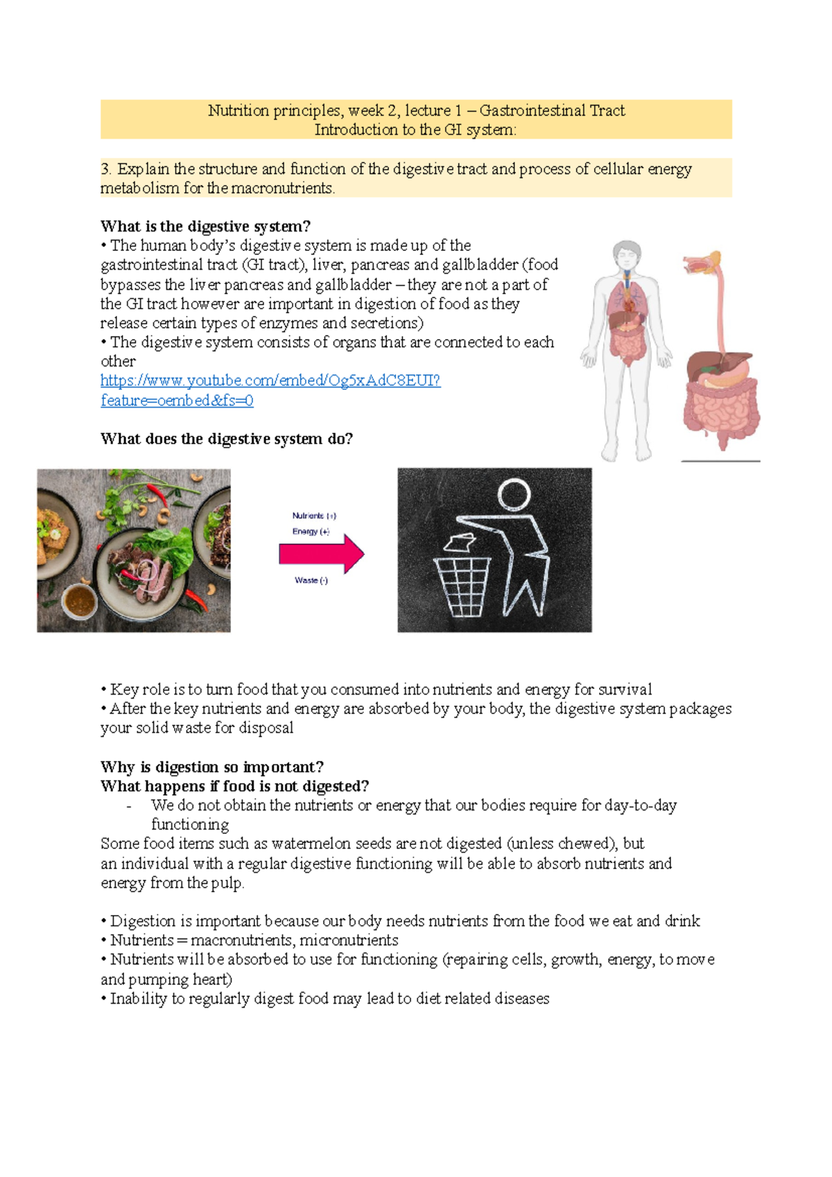 Nutrition principles - week 2 GI tract - Nutrition principles, week 2 ...
