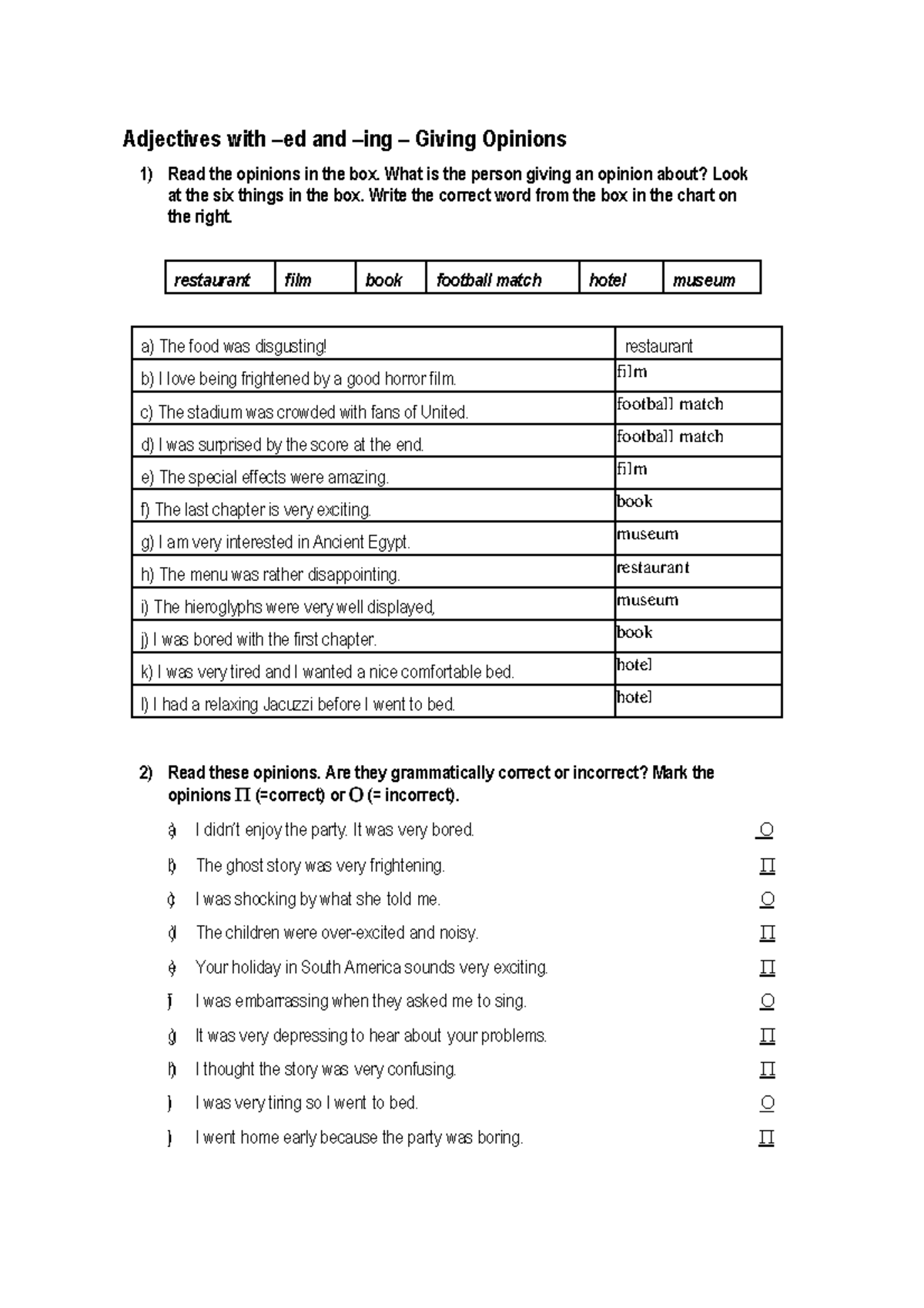 Workshop Ingles - Adjectives with –ed and –ing – Giving Opinions 1 ...